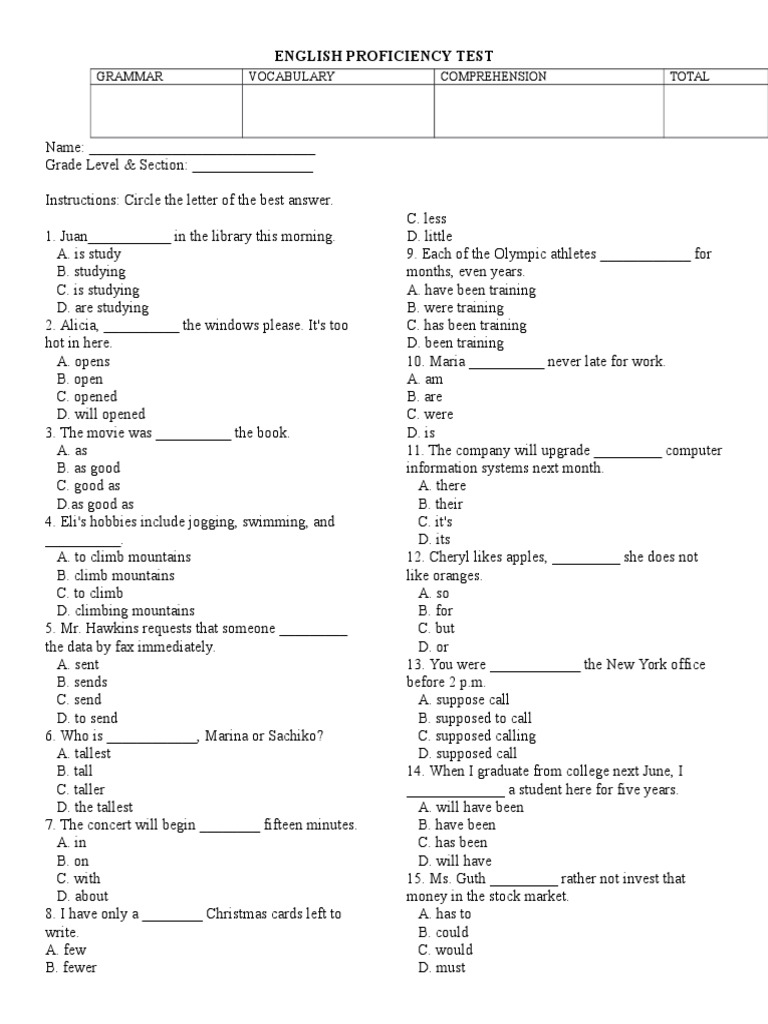 English Proficiency Test | PDF | Entertainment (General) | Leisure