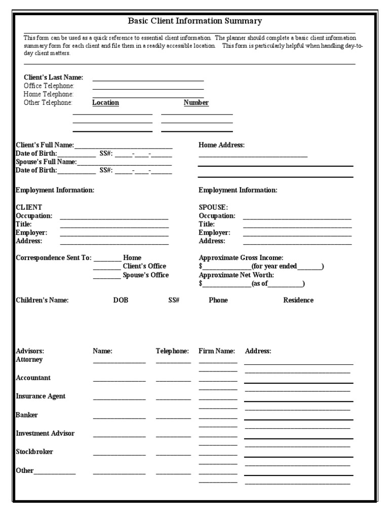 Basic Client Information Summary: Office Telephone: Home Telephone ...