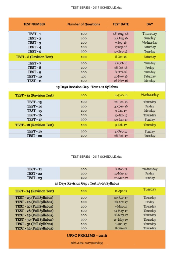 Test Series 2017 Schedule - XLSX Sheet1 | PDF