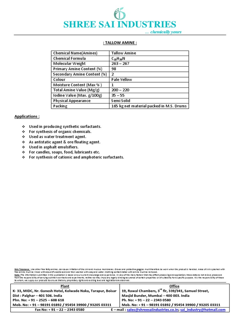Tallow Amine: Properties and Applications | PDF