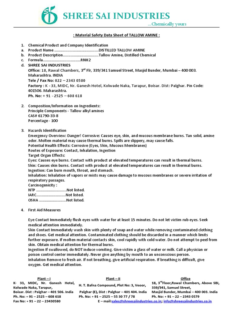 Tallow Amine - MSDS PDF | PDF | Fires | Personal Protective Equipment
