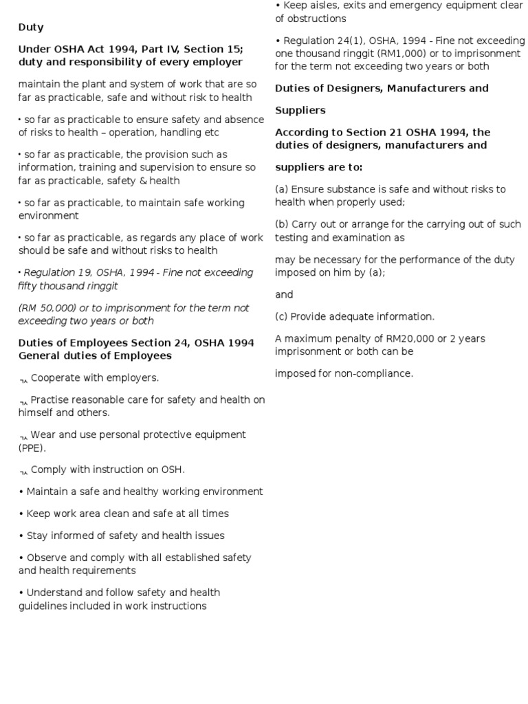 OSHA 1994: Employer and Employee Duties | PDF | Occupational Safety And ...
