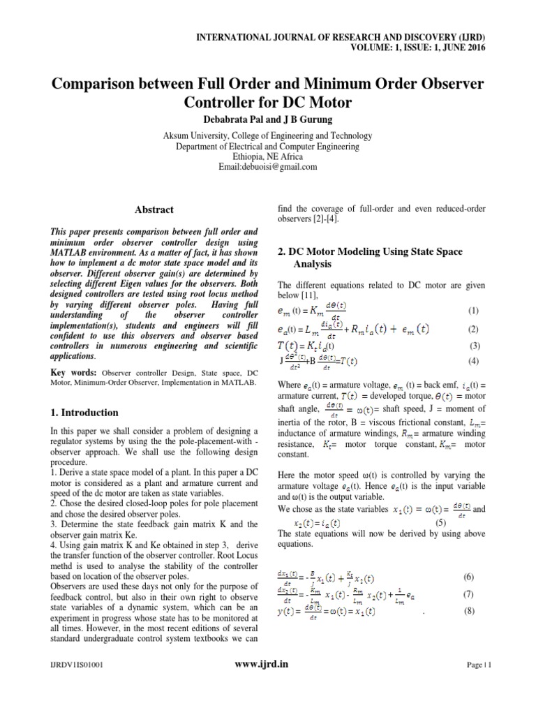Comparison Between Full Order and Minimum Order Observer Controller For ...