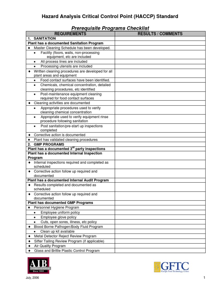 Hazard Analysis Critical Control Point (HACCP) Standard: Prerequisite ...