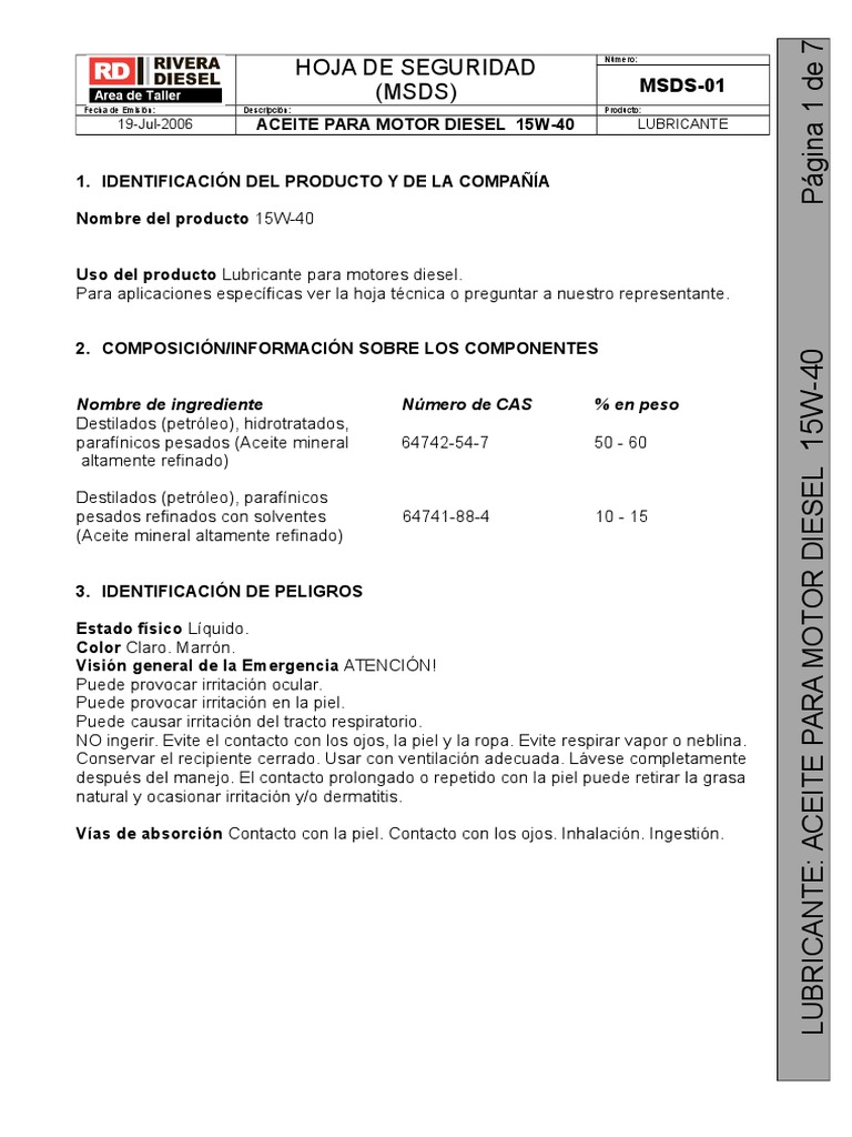 @Msds-01 Aceite 15w40 | PDF | Lubricante | Petróleo