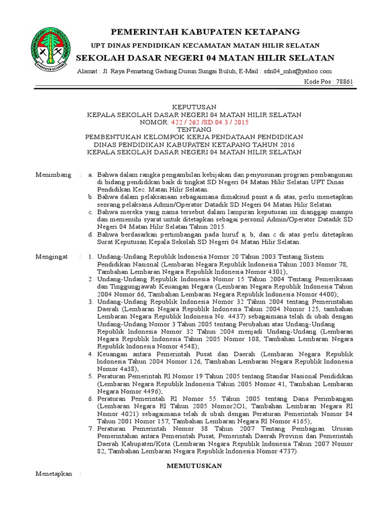 Contoh SK Operator Sekolah Dapodik | PDF