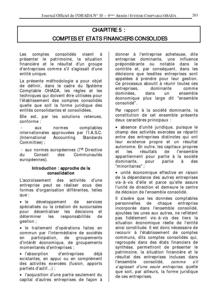 SYSCOHADA - Préparation Et Présentation Des États Financiers Consolidés | PDF | Capitaux propres ...