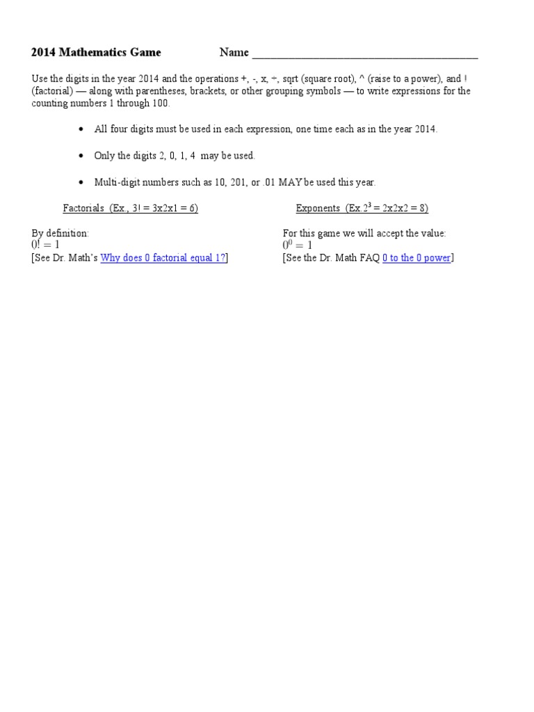 2014 - Mathematics Game Handout | PDF