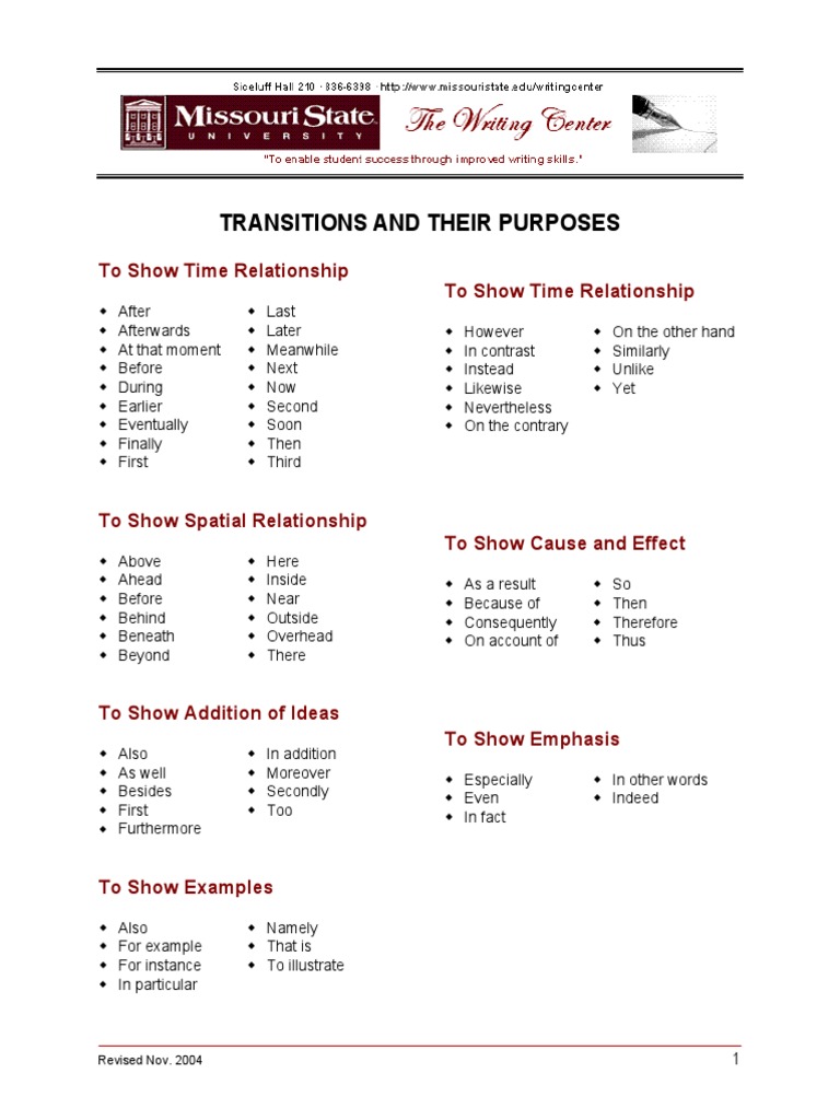 Transitions and Their Purposes: To Show Time Relationship To Show Time ...