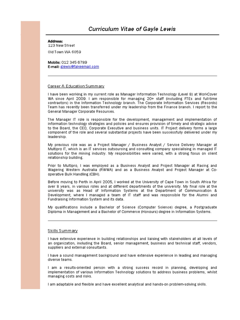 Curriculum Vitae of Gayle Lewis: Career & Education Summary | PDF | Business Process | Strategic ...