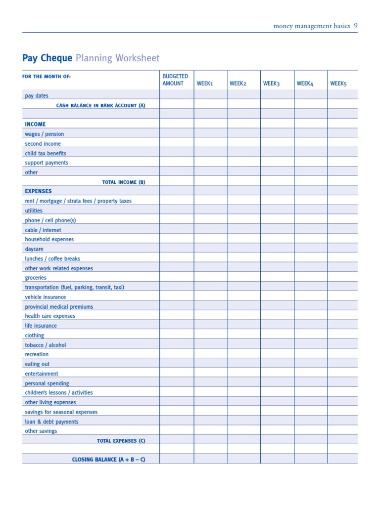 Pay Cheque Planning Worksheet | PDF