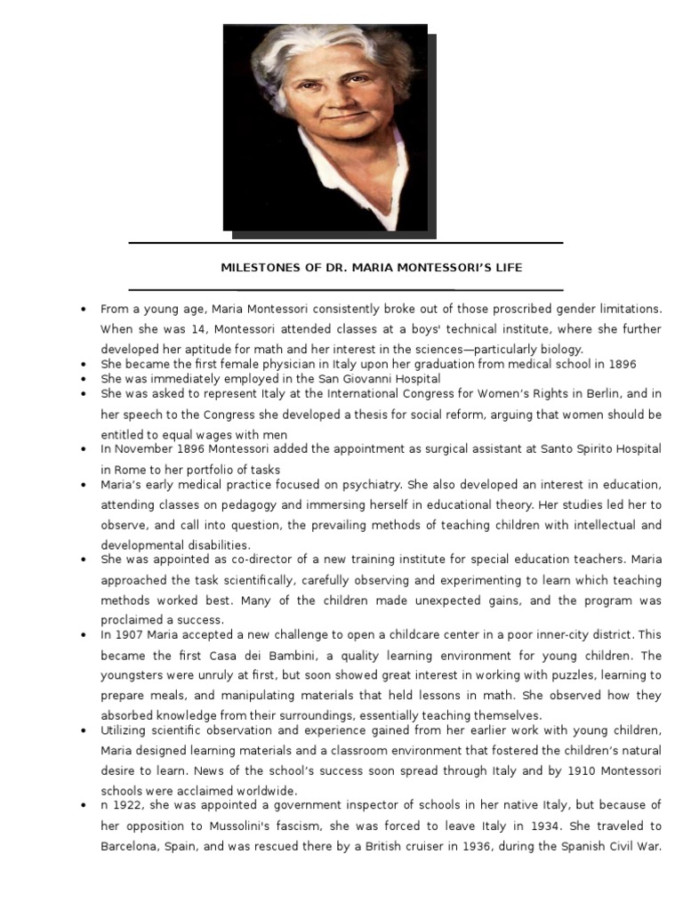 Milestones in Maria Montessori's Life | PDF | Montessori Education ...