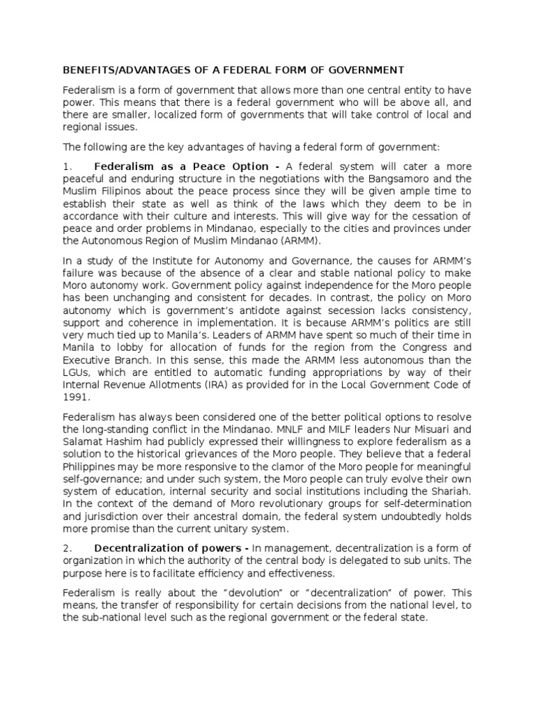 Benefits/Advantages of A Federal Form of Government | PDF ...
