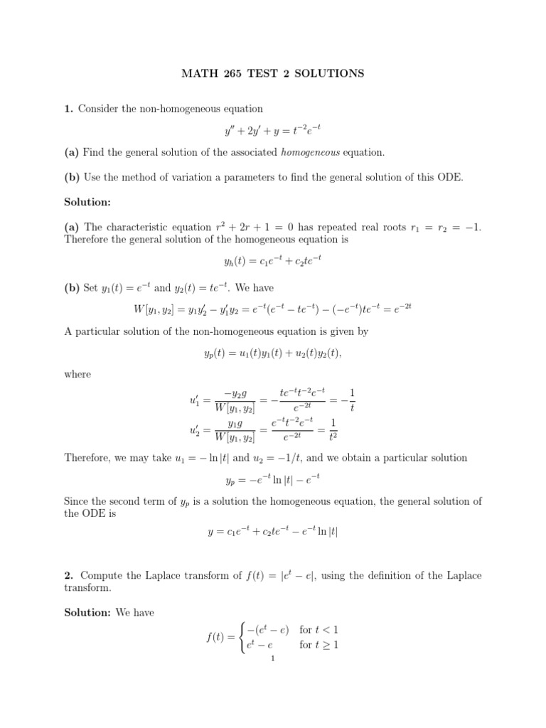 Math 265 Test 1 Solution | PDF | Laplace Transform | Equations