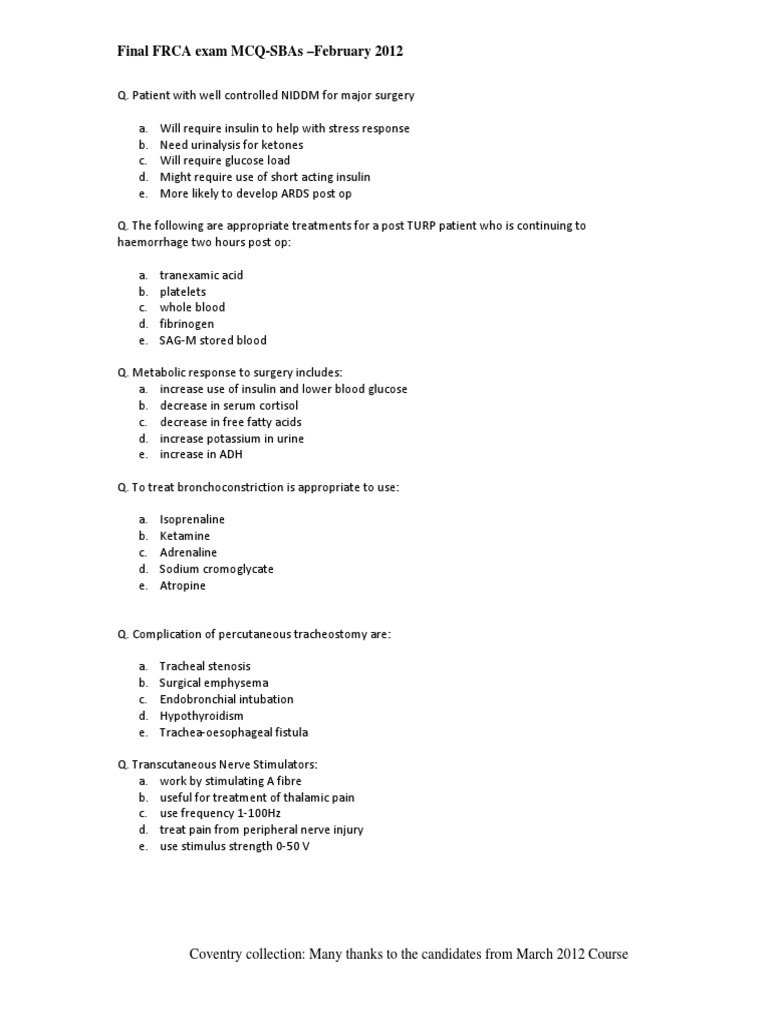 FRCA Exam MCQs and SBAs - Feb 2012 | PDF | Anesthesia | Surgery