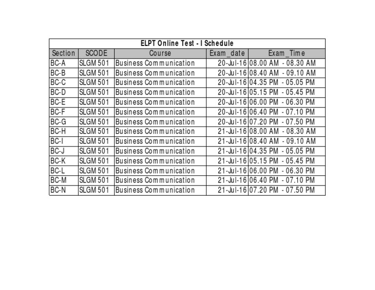 ELPT Online Test - I Schedule | PDF