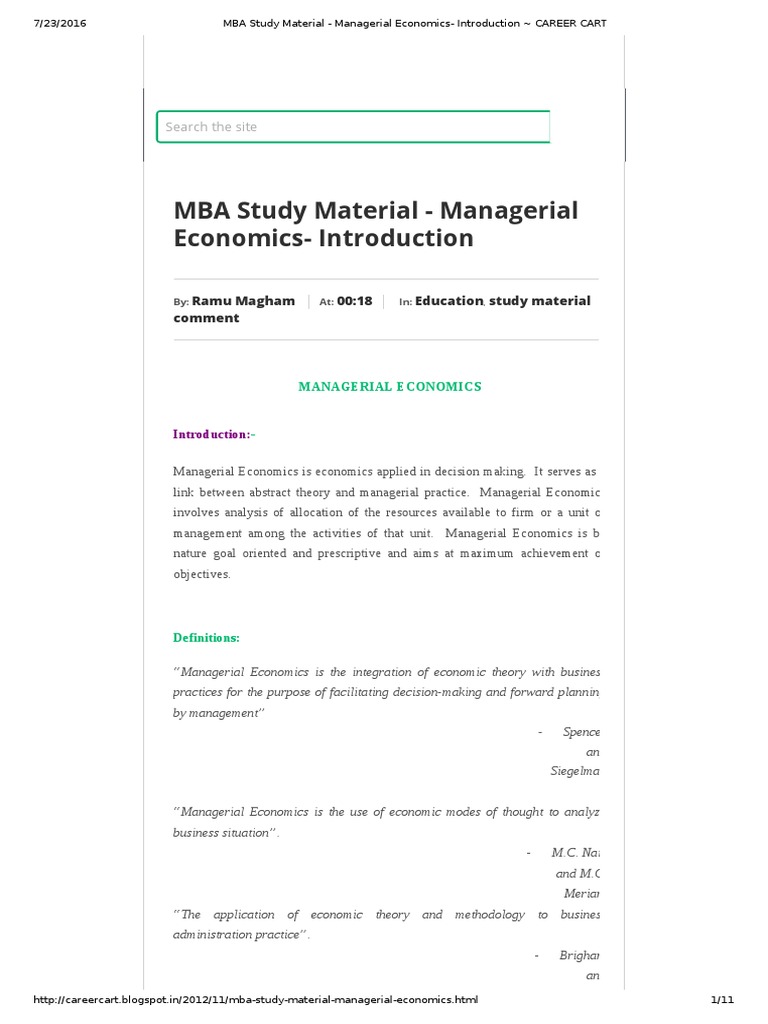 MBA Study Material - Managerial Economics - Introduction CAREER CART | PDF