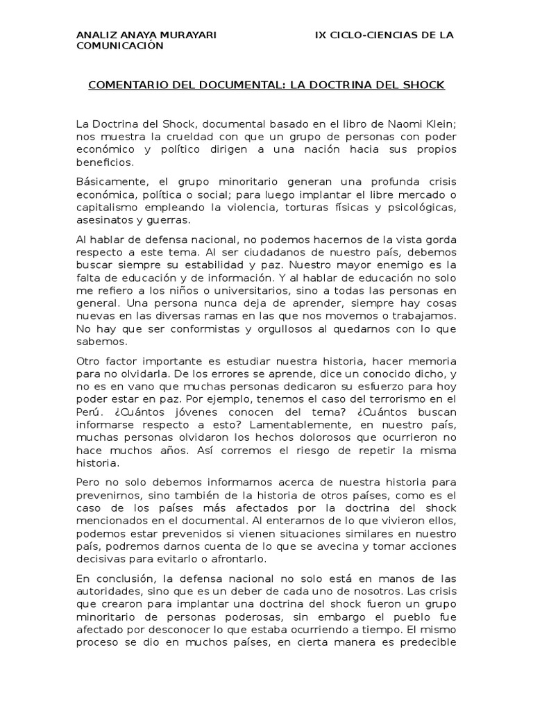 Comentario Del Documental La Doctrina Del Shock | PDF | Política ...