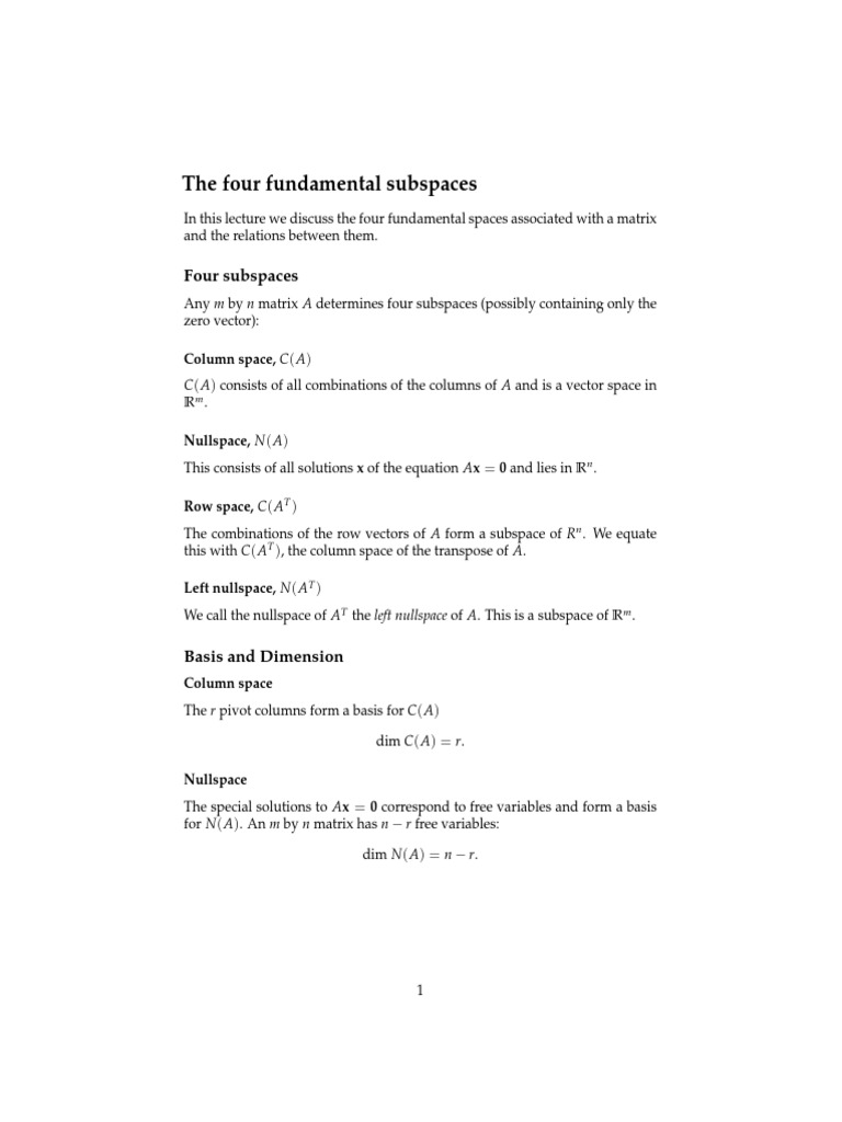 The Four Fundamental Subspaces | PDF | Linear Subspace | Mathematical Relations
