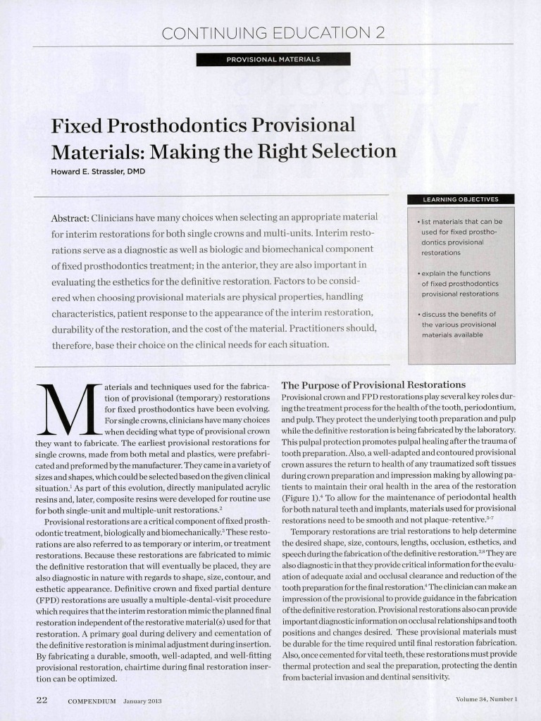Fixed Prosthodontics Provisional Materials: Making The Right Selection ...