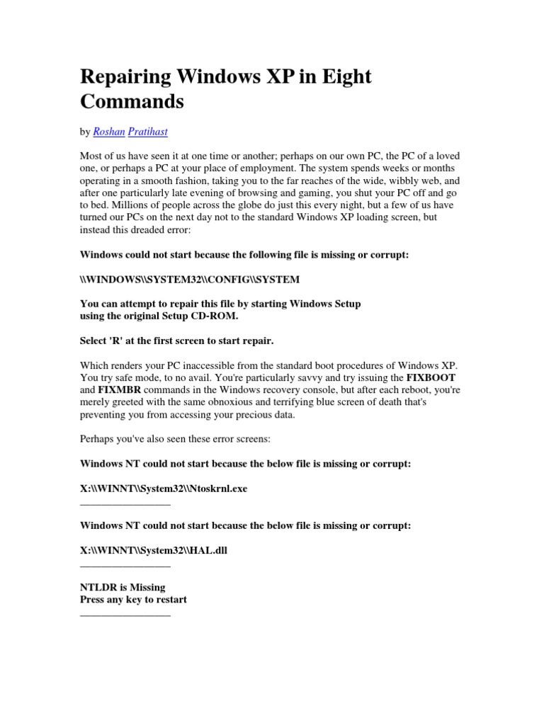 Repairing Windows XP in Eight Commands: Roshan Pratihast | PDF ...