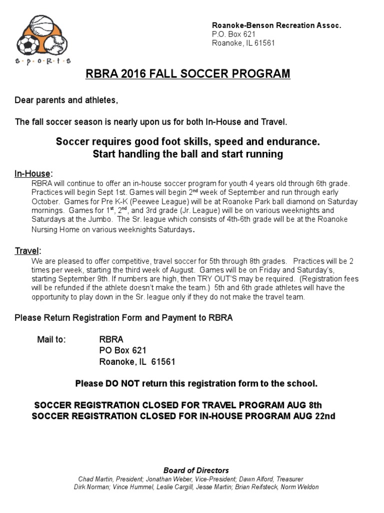 RBRA 2016 Fall Soccer Registration Guide | PDF | Sports | Business