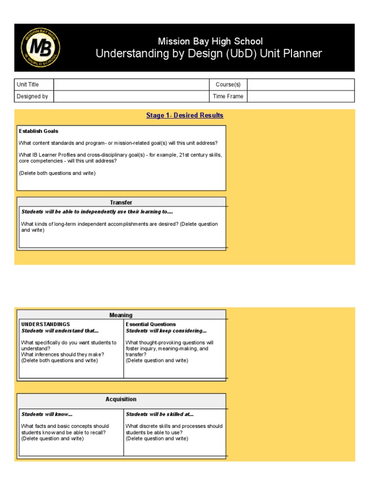 UbD Unit Planner Guide for Educators | PDF | Educational Assessment | Goal
