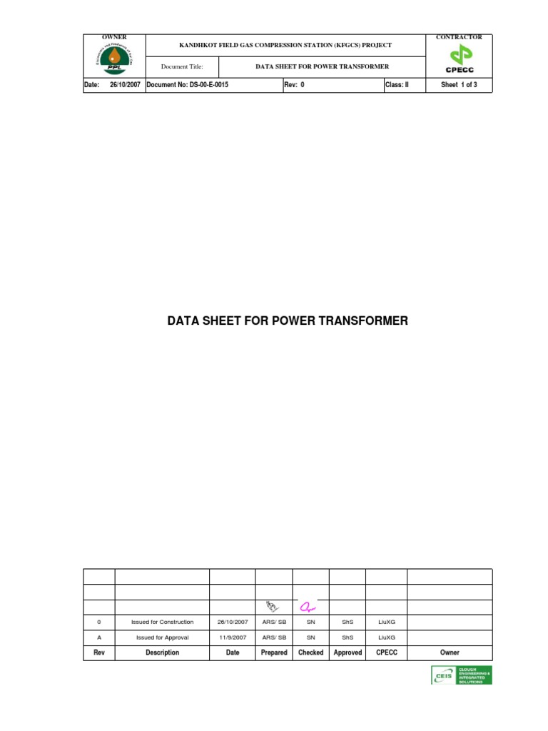 Power Transformer Data Sheet | PDF | Transformer | Power (Physics)