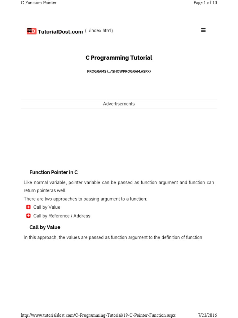 C Programming Tutorial Function Pointer In C Pdf Parameter Computer Programming C