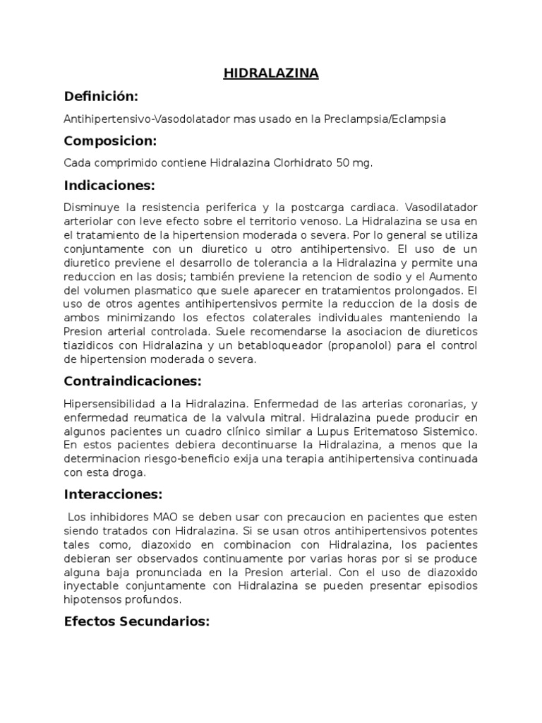 Hidralazina: Uso y Precauciones en Hipertensión | PDF | Farmacología ...