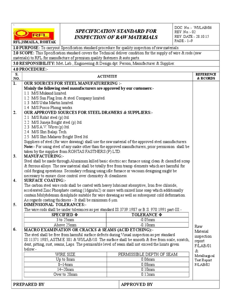 06 Spec. STD Raw Material | PDF | Steel | Industries