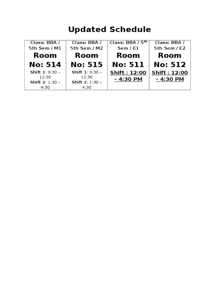 Updated Schedule: Room No: 514 Room No: 515 Room No: 511 Room No: 512 ...