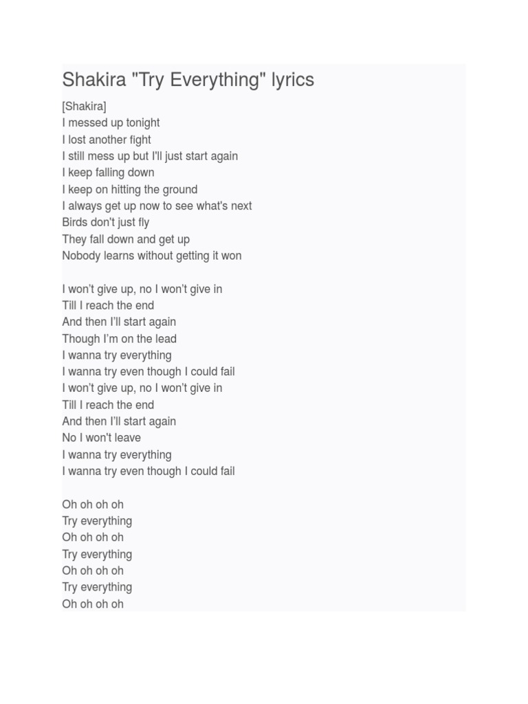 Shakira "Try Everything" Lyrics | PDF