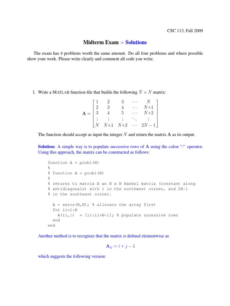 Midterm Exam Solutions and MATLAB Code for Numerical Problems | PDF | Matrix (Mathematics ...
