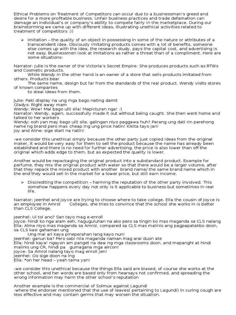 Unethical Business Practices in Treatment of Competitors: Imitation ...