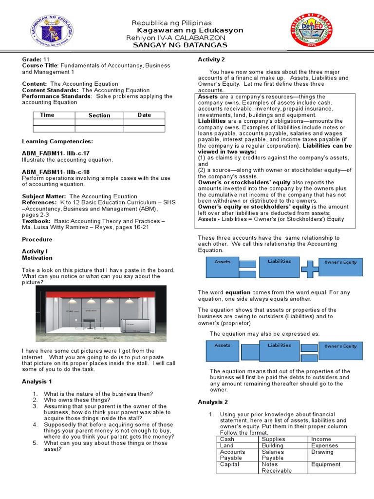 Accounting Equation SHS Lesson Plan Ethel | PDF | Equity (Finance ...