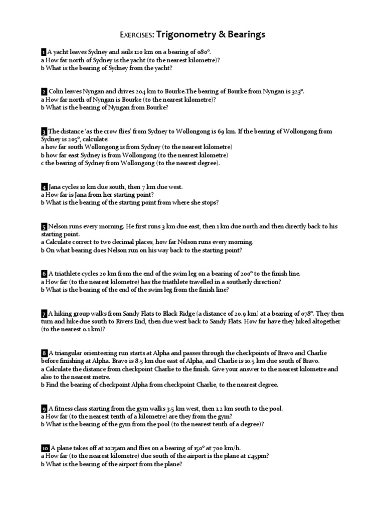Trigonometry & Bearings Exercises | PDF