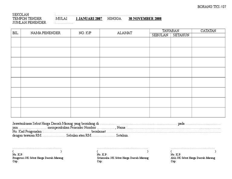 Borang Tks 07 Buka Tender Kantin | PDF