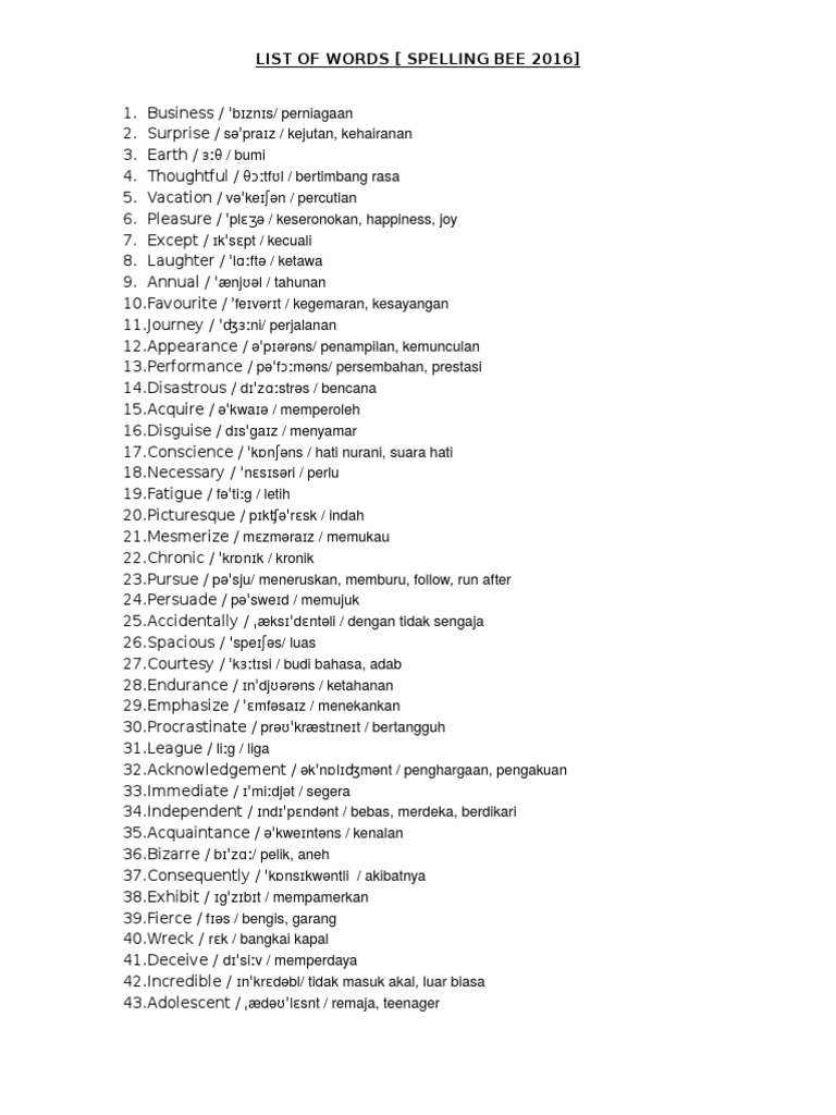 Spelling Bee Word List | PDF