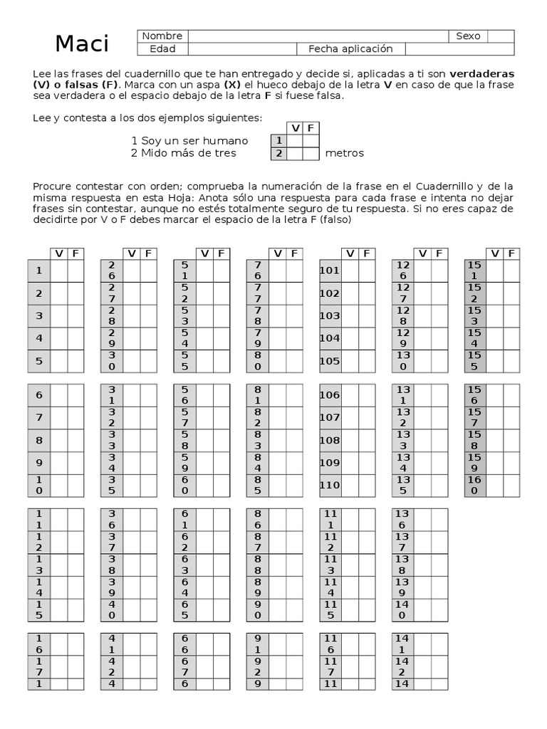 Hoja de Respuestas Inventario (MACI) (FORM ALT) | PDF