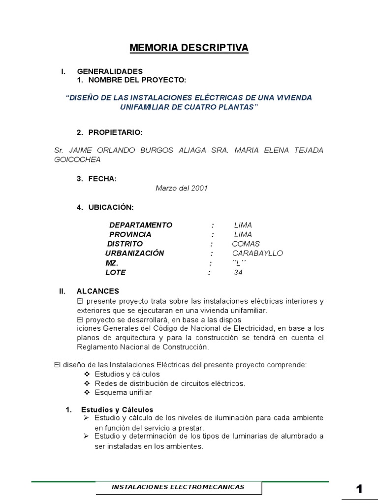 Memoria Descriptiva y Especificaciones Tecnicas | Descargar gratis PDF | Enchufes y tomas de ...