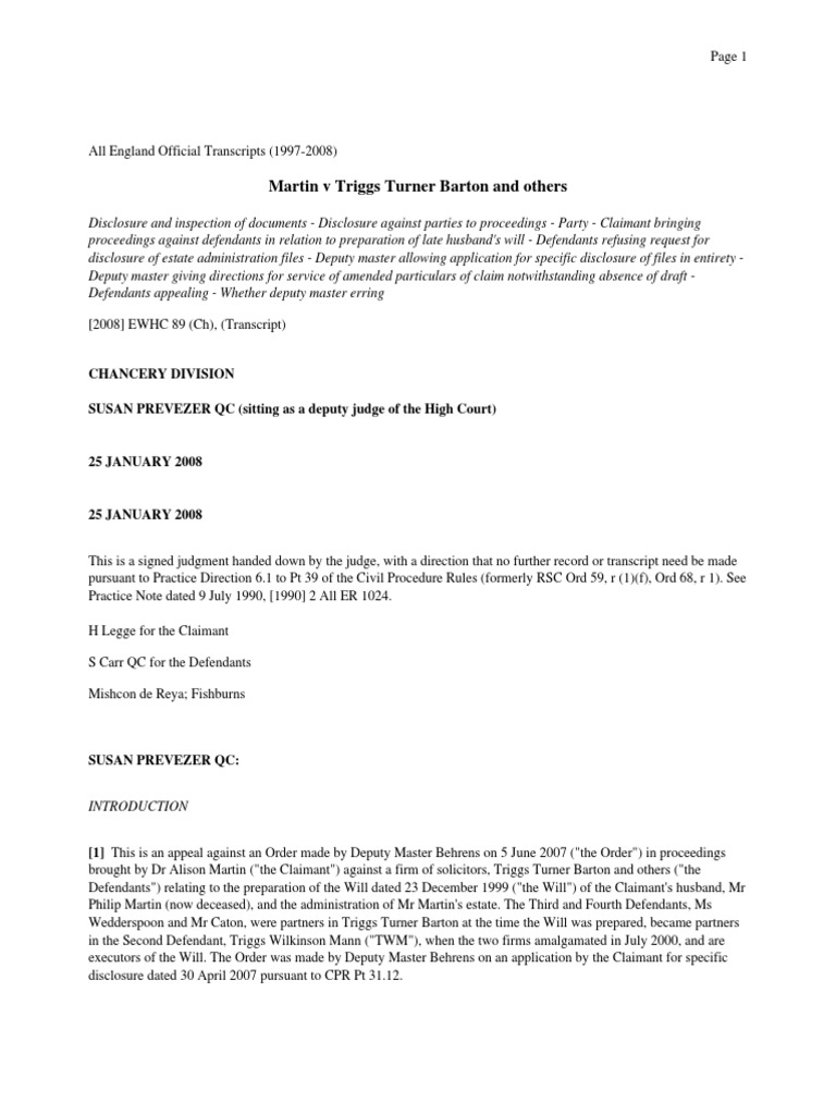 Martin V Triggs Turner Barton and Others - ( | PDF | Costs In English ...