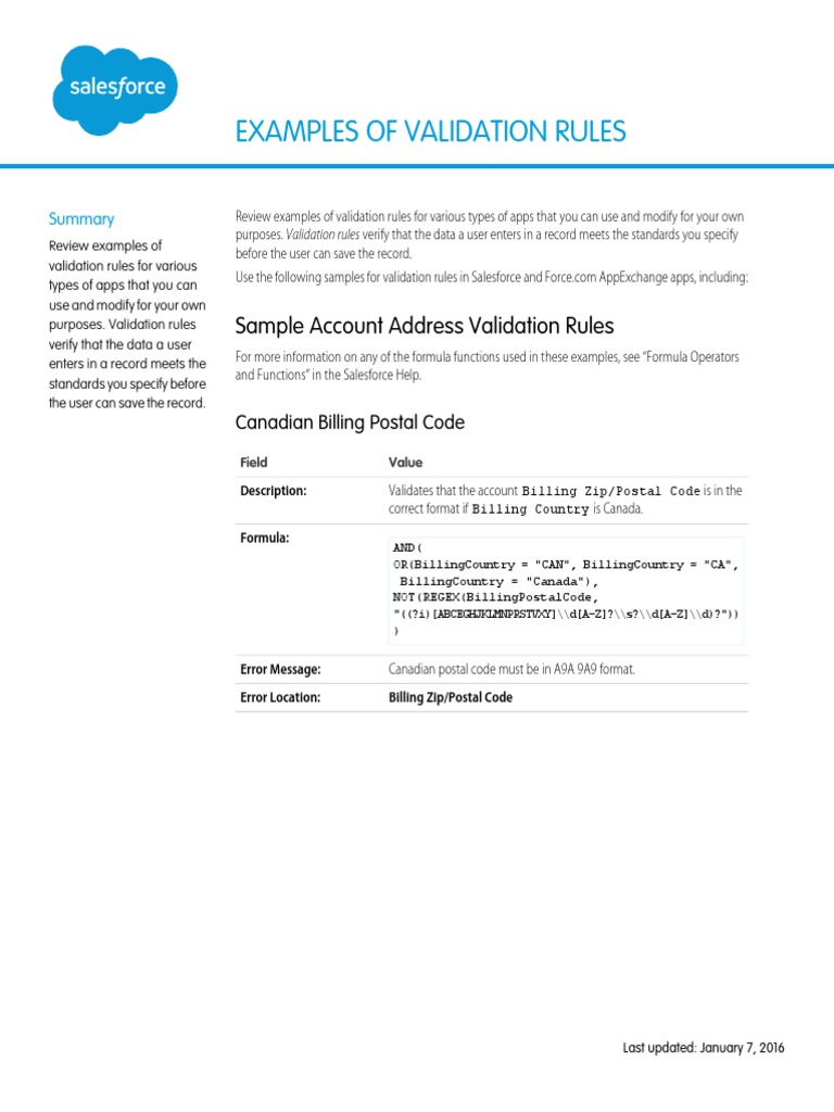 Salesforce Validation Rule Examples | PDF | Zip Code | Regular Expression
