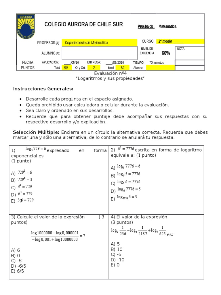 Prueba de Logaritmos 2º Medio | PDF | Logaritmo | Enseñanza de matemática