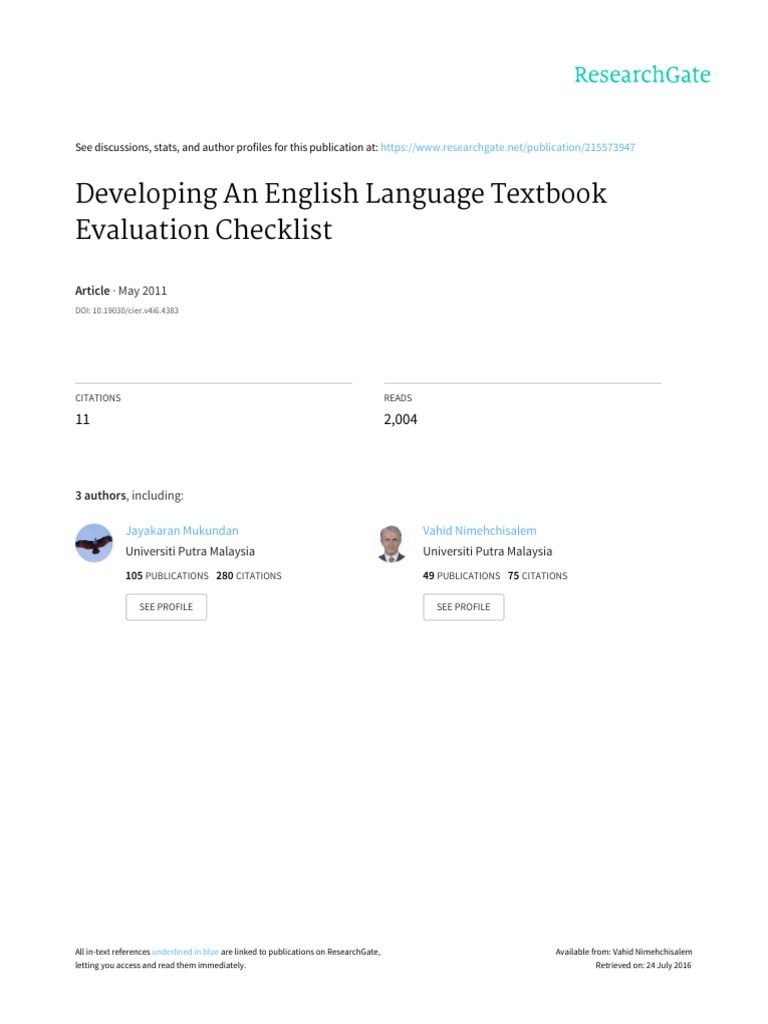 Developing An English Language Textbook Evaluation Checklist PDF | PDF | English As A Second Or ...