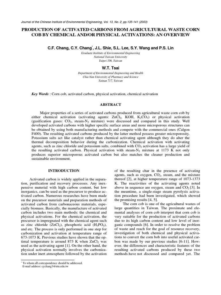 Activated Carbon From Corn Cob | PDF | Adsorption | Gases