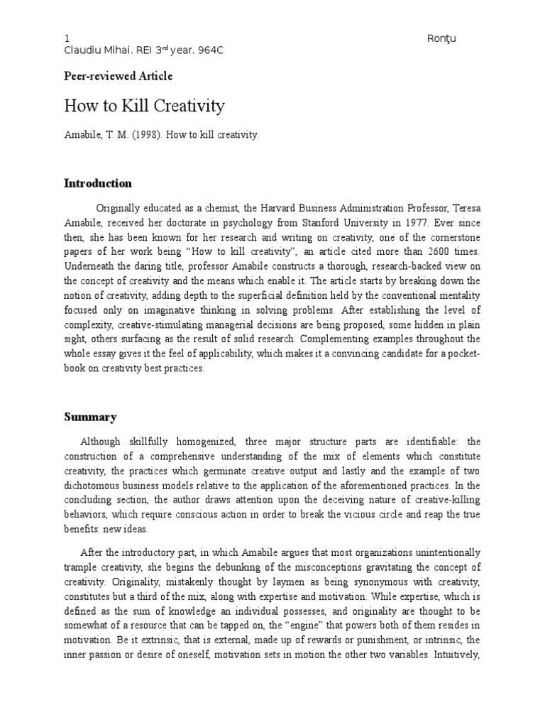 Article Review "How To Kill Creativity" | PDF | Maze | Creativity