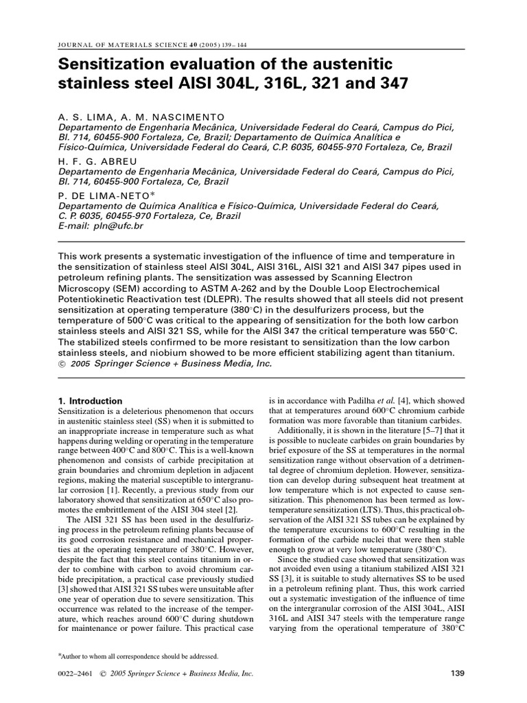 Sensitization Evaluation of The Austenitic Stainless Steel AISI 304L, 316L, 321 and 347 | PDF ...