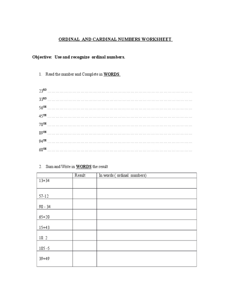 Ordinal and Cardinal Numbers Worksheet: RD RD | PDF