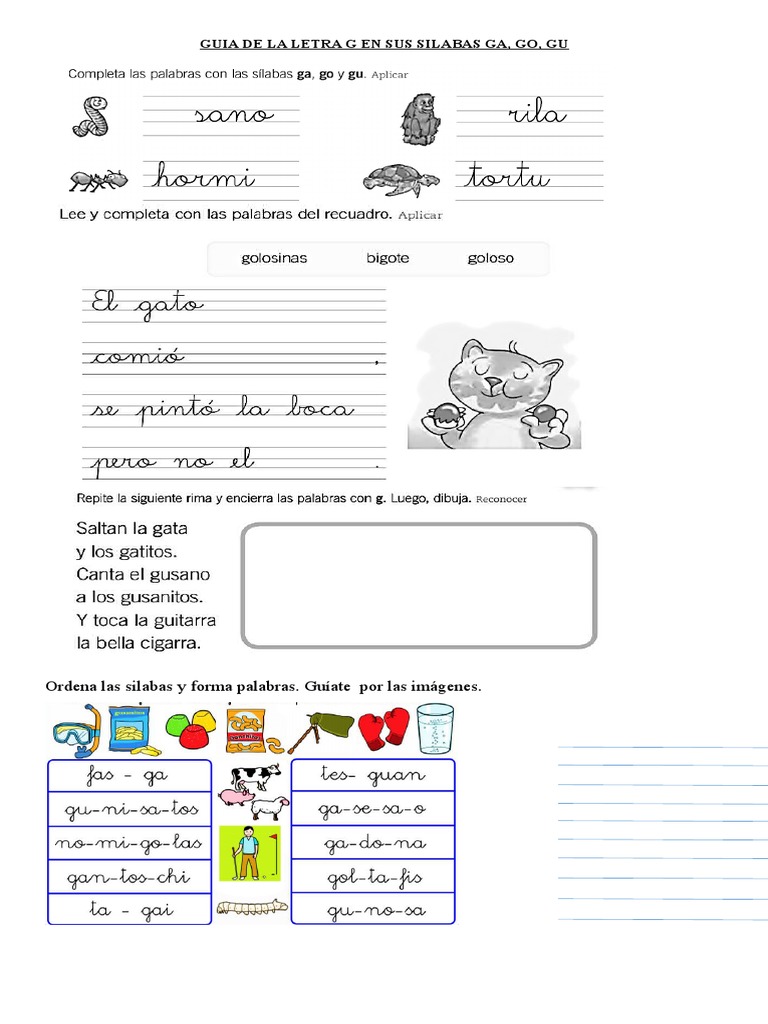 Guia de La Letra G en Sus Silabas Ga | PDF